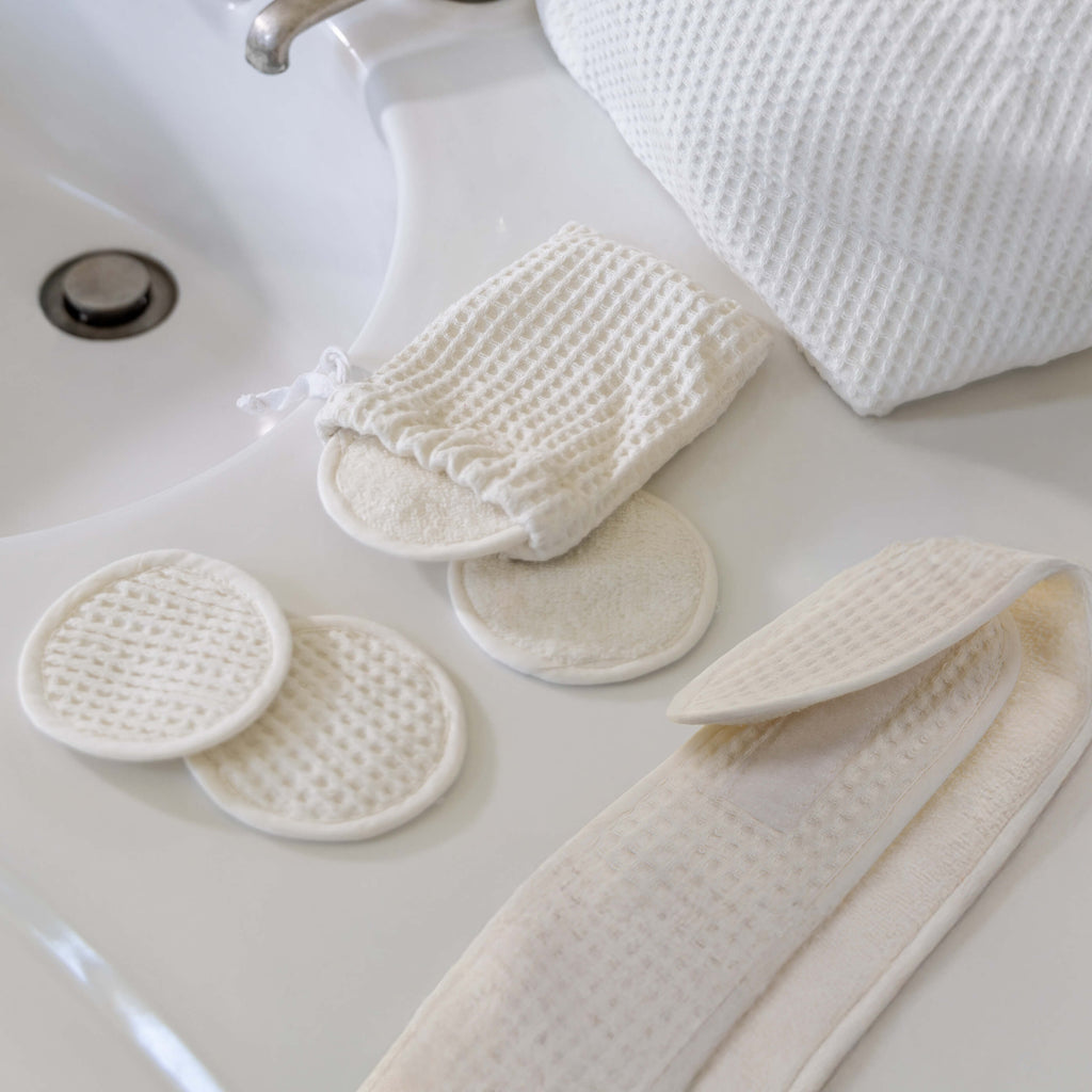 Ecru Waffle Cotton Re Usable Face Pads Headband Set | Soak&Sleep