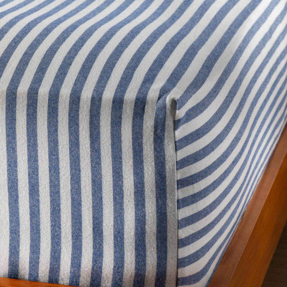 Mediterranean Blue Herringbone Stripe Cotton 30cm Fitted Sheet | Soak&Sleep