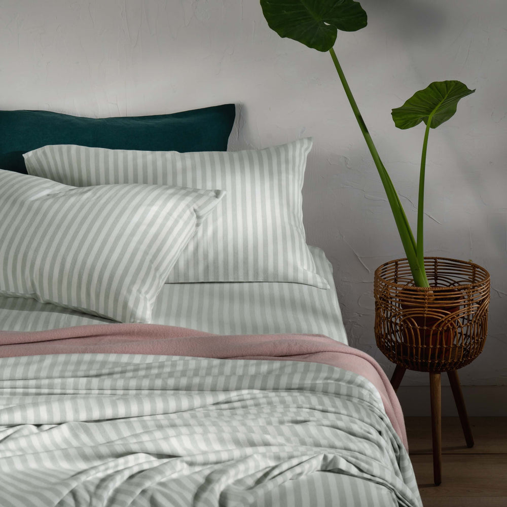 Misty Green Herringbone Stripe Cotton Bed Set | Soak&Sleep