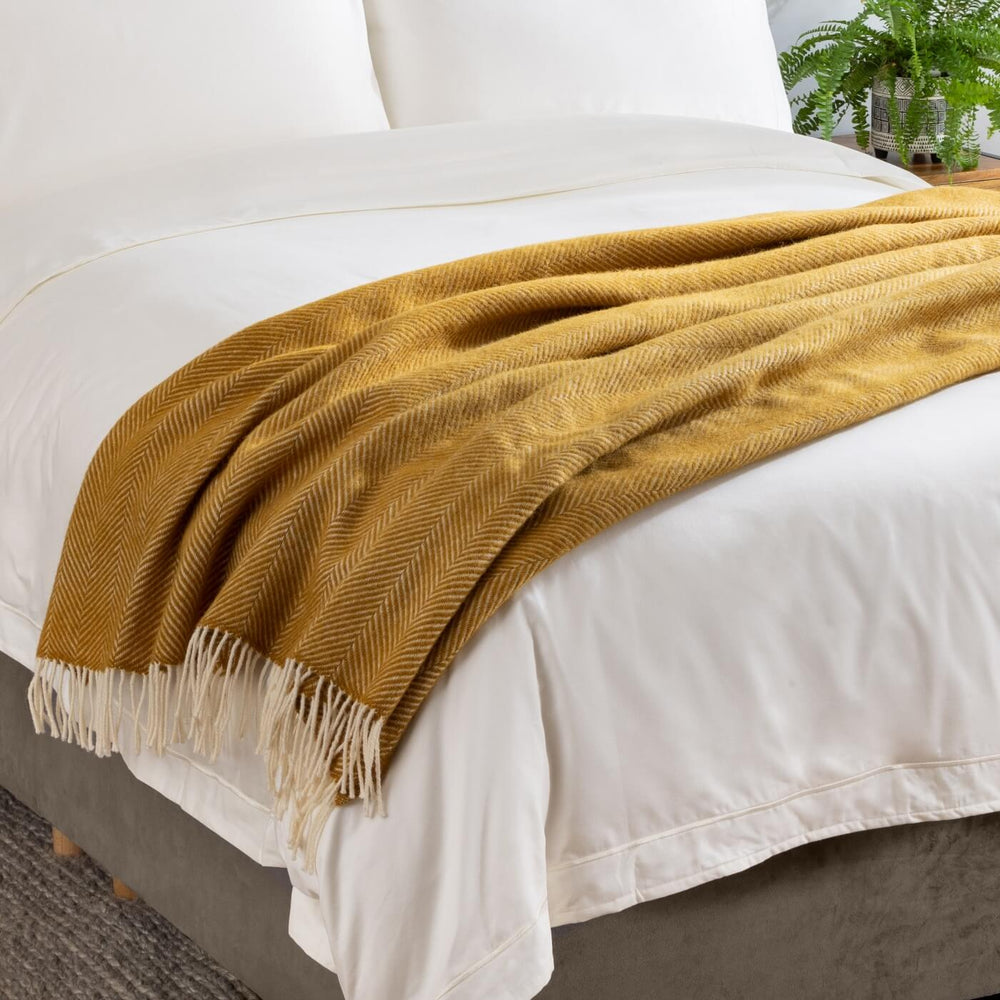 Mustard Herringbone Pure Wool Throw | Soak&Sleep